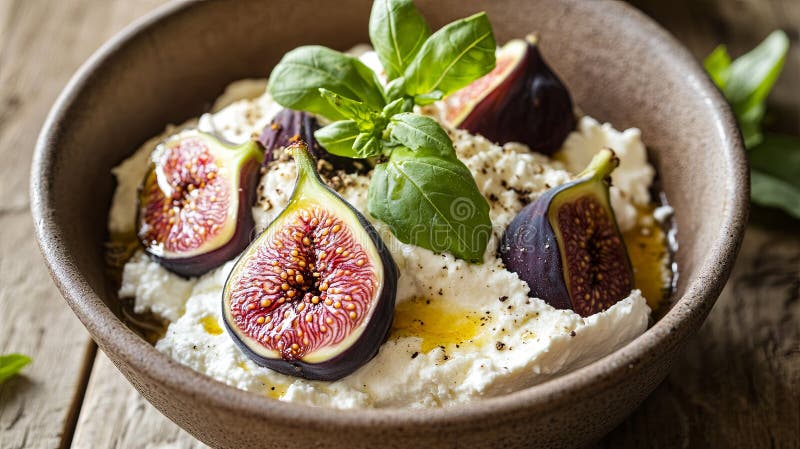Fresh Figs, Ricotta Cheese, Honey Drizzle. Stock Photo - Image of green ...