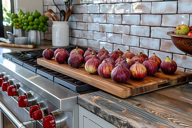 Fresh Figs on Wooden Cutting Board in Modern Kitchen with Stainless ...