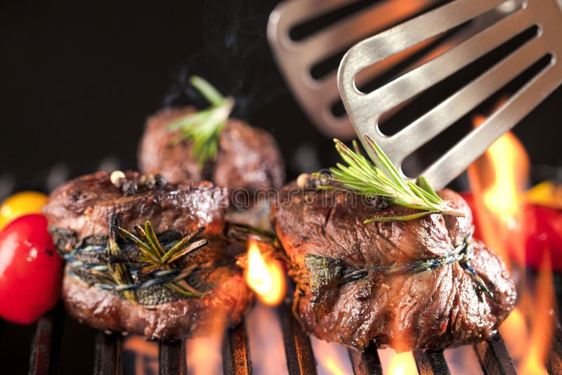 Fresh Fillet Steak on Grill with Flammes. Stock Photo - Image of close ...