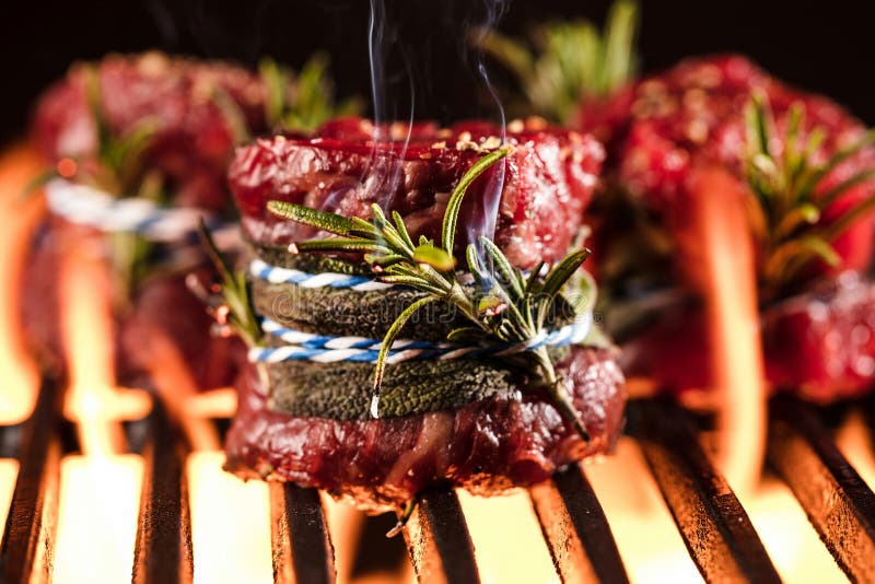 Fresh Fillet Steak on Grill with Flammes. Stock Photo - Image of food ...