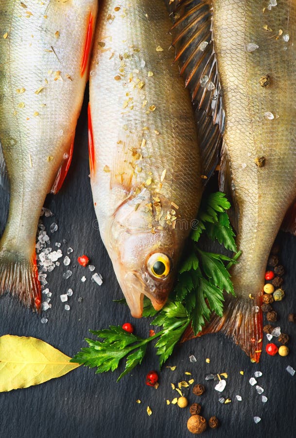 Fresh Fish with Aromatic Herbs, Spices, Salt. Raw Perches Stock Image ...