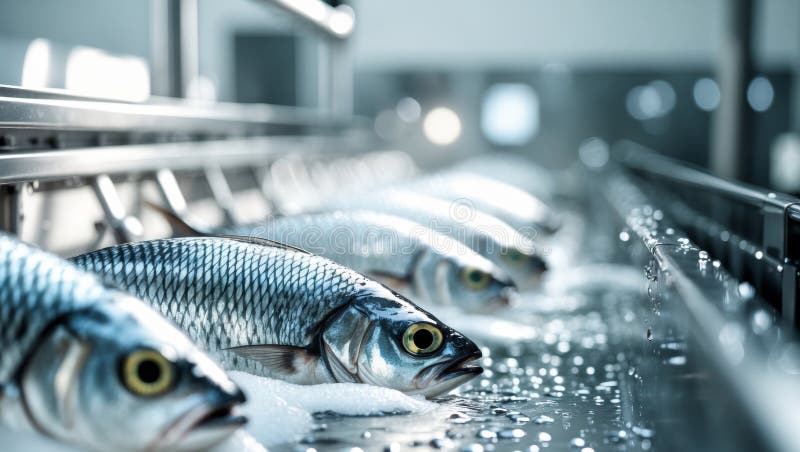 Fresh Fish Being Washed on an Industrial Cleaning Line Stock Image ...