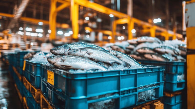 Fresh Fish in Blue Crates at a Seafood Processing Facility Stock Image ...