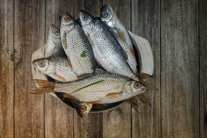 Fresh Fish on the Table in an Iron Bowl. Stock Image - Image of food ...