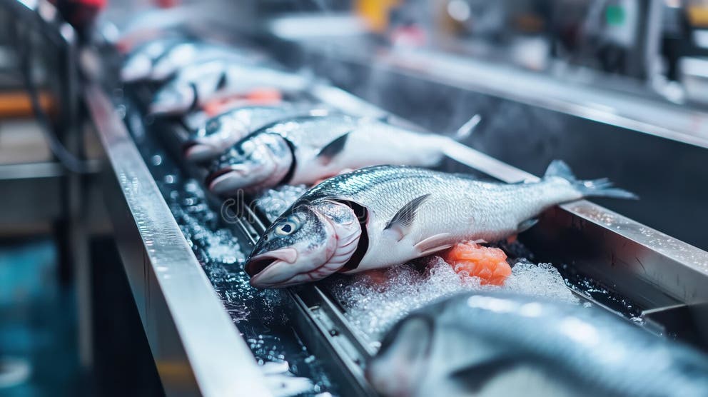 Fresh Fish on Conveyor Belt in Processing Facility Stock Photo - Image ...