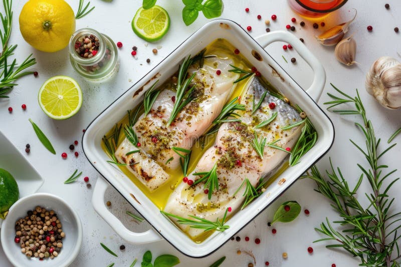 Fresh Fish Cooked in Olive Oil with Aromatic Herbs. Ideal for Culinary ...