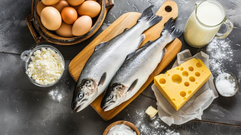 Fresh Fish and Dairy Ingredients on Slate Stock Image - Image of eggs ...