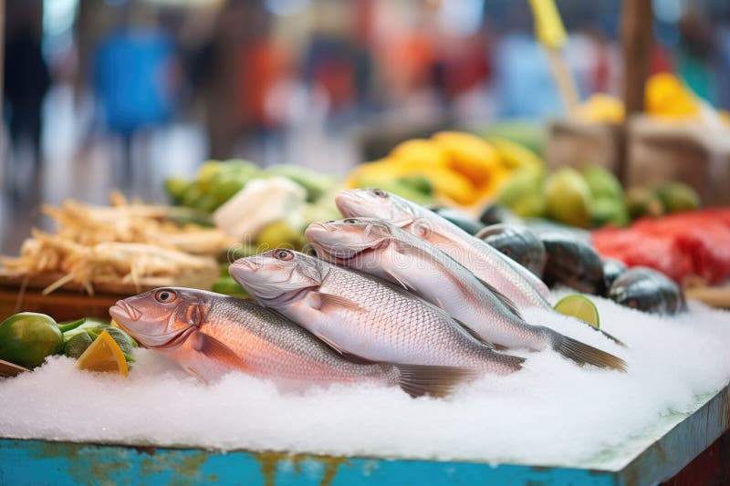 Fresh Fish Display on Ice at a Fish Market Stock Photo - Image of ...