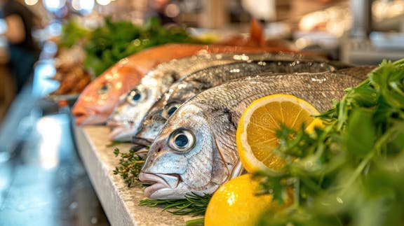 Fresh Fish on Display at a Market with Lemons and Herbs Stock ...