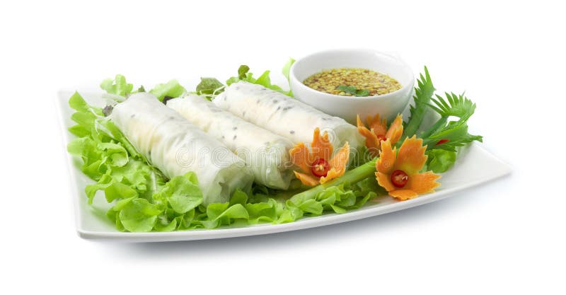 Fresh Fish and Egg Spring Rolls with Vegetables Stock Photo - Image of ...