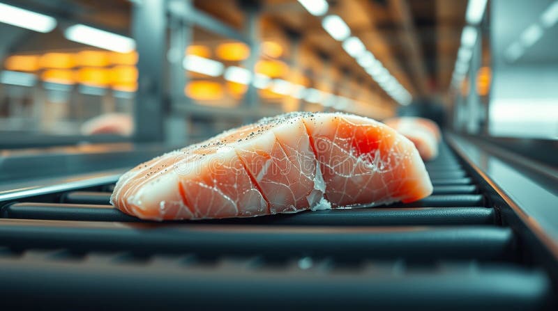 Fresh Fish Fillets on a Conveyor Belt in a Processing Plant. Ready for ...