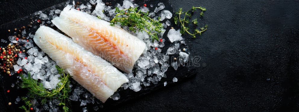 Fresh Fish Fillets on Ice with Herbs and Spices in a Dark Setting ...