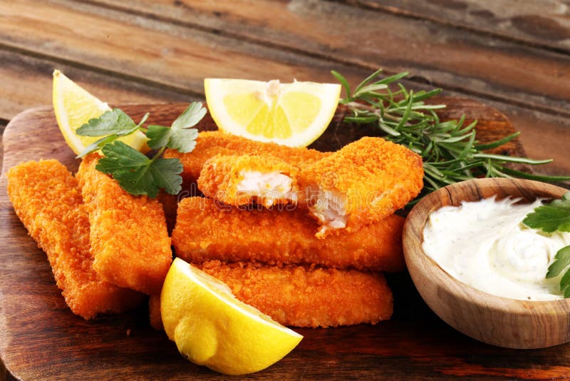 Fresh Fish Fingers with Remoulade Sauce. Breaded Fish Fingers with ...