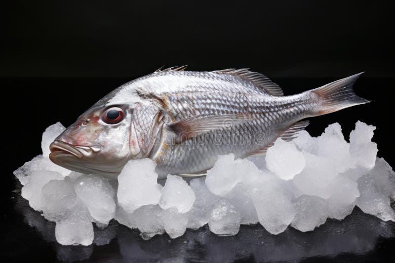 Fresh Fish on Ice Against Black Background Stock Photo - Image of ...