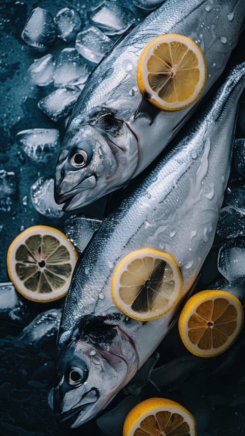Fresh Fish on Ice with Lemon Slice Stock Image - Image of seafood ...