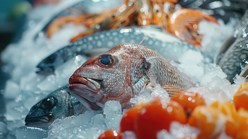 Fresh Fish on Ice at a Seafood Market Stall Stock Illustration ...