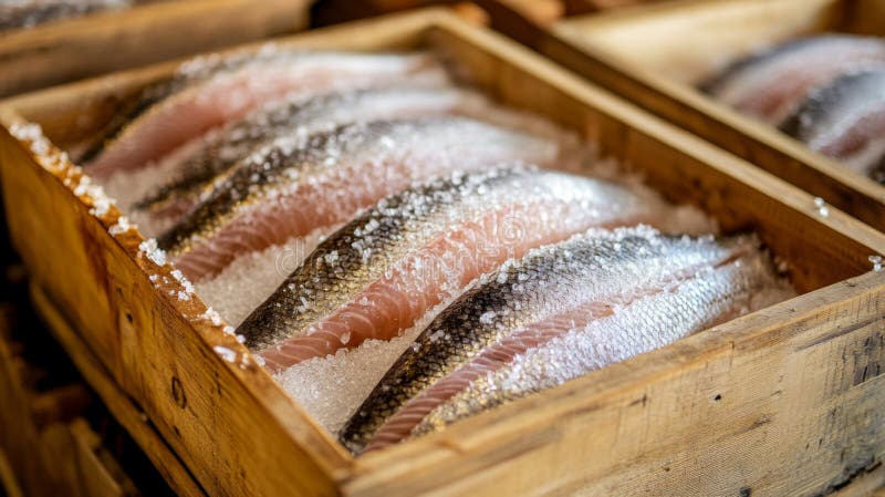 Fresh Fish on Ice in Wooden Crate Stock Illustration - Illustration of ...