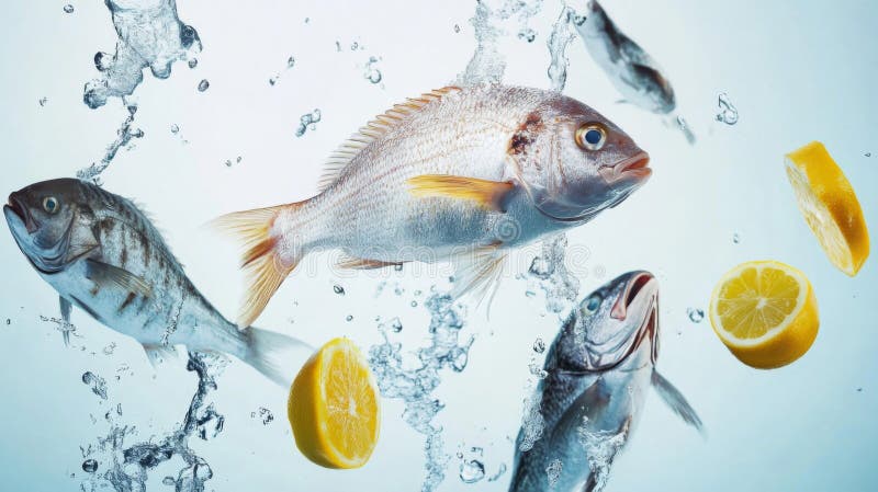Fresh Fish and Lemon Splash in Water Stock Illustration - Illustration ...