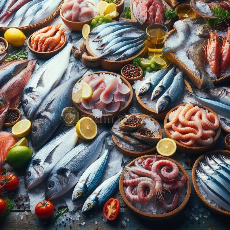 Fresh Fish on Fish Market, Large Selection of Raw Seafood. Generated AI ...