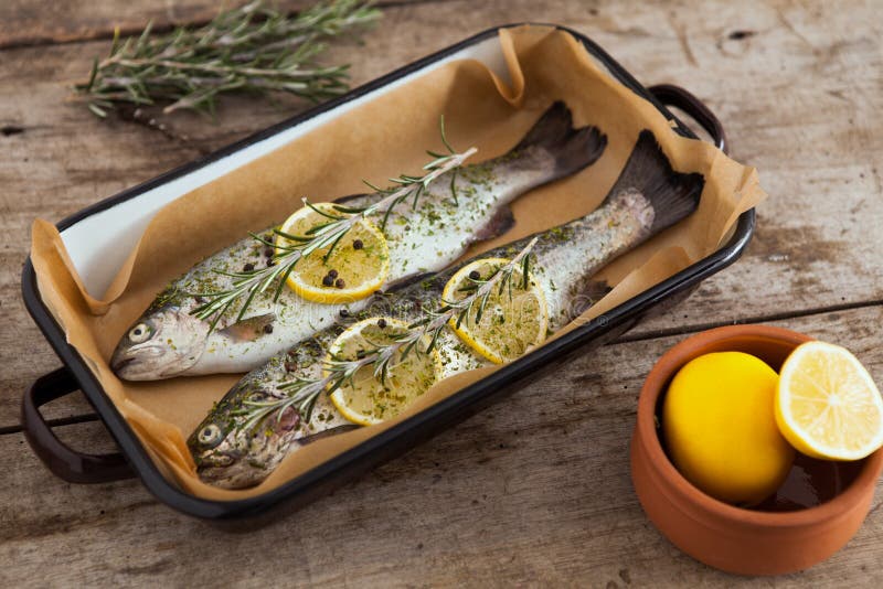 Fresh fish in pan stock image. Image of dinner, plate - 79869867