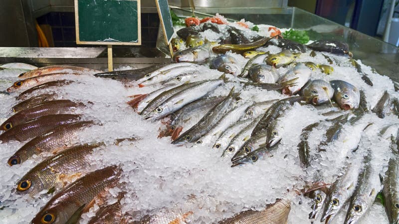 Fresh Fish Place on the White Ice in the Market. Stock Photo - Image of ...