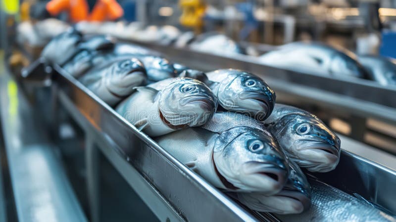 Fresh Fish Processing Line with Shiny Fish on Conveyor Belt Stock Image ...