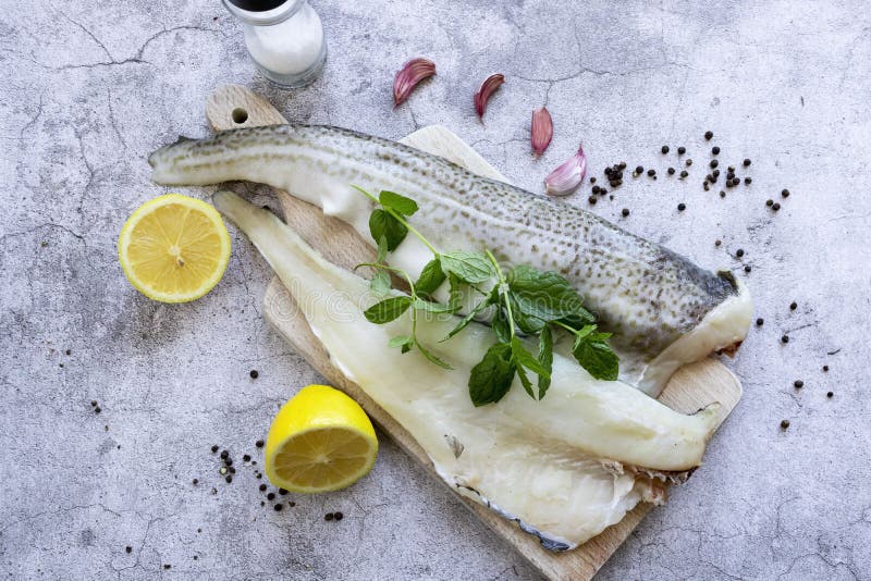 Fresh fish, raw cod fillet stock image. Image of salad - 258522101
