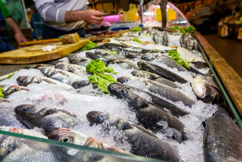 Fresh Fish Salmon Lies on Ice on the Counter in the Store Stock Photo ...