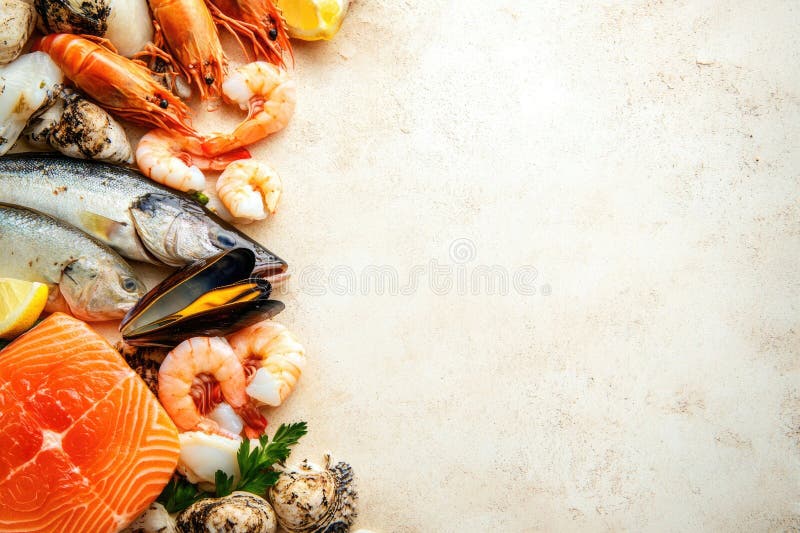 Fresh Fish and Seafood with Blank Space Stock Photo - Image of fish ...