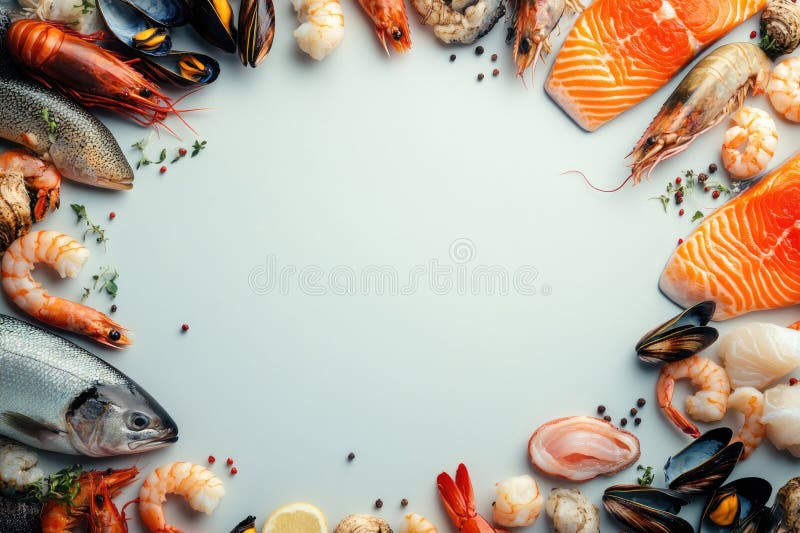 Fresh Fish and Seafood with Blank Space Stock Image - Image of design ...