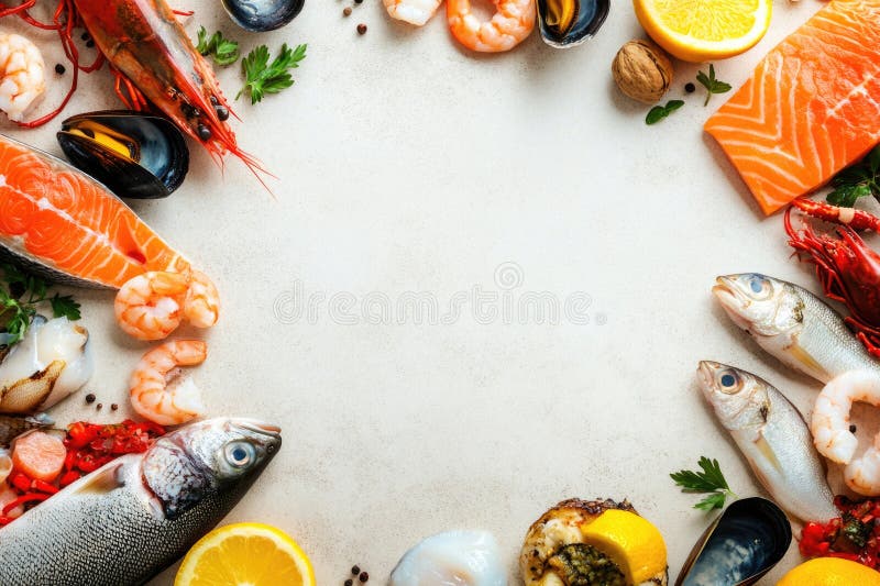 Fresh Fish and Seafood with Blank Space Stock Photo - Image of ...