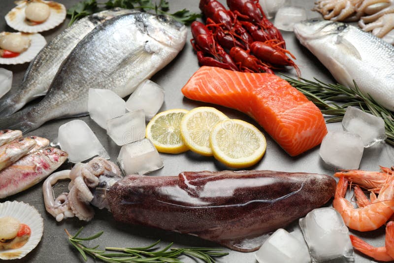 Fresh Fish and Seafood on Table Stock Image - Image of fresh, kitchen ...