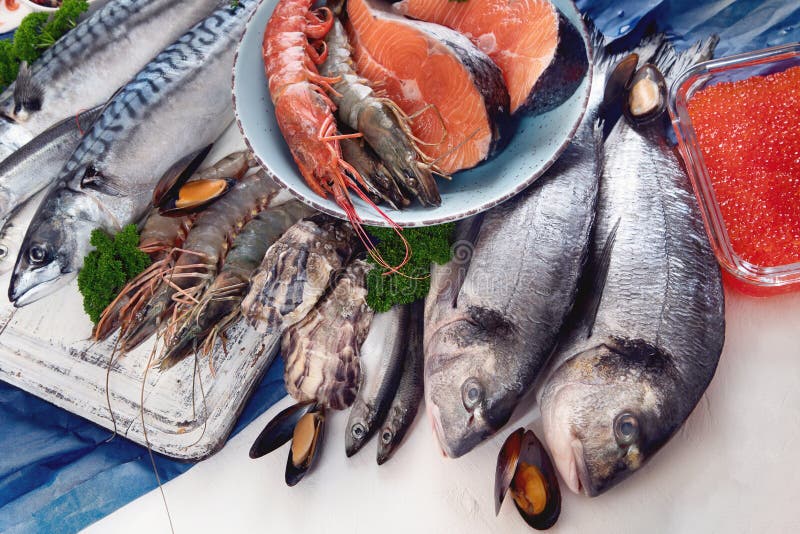 Fresh fish and seafood stock image. Image of recipe - 171643739