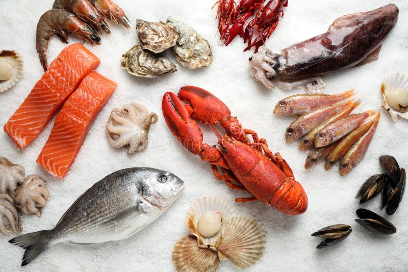 Fresh Fish and Seafood on Ice Stock Image - Image of market, surmullet ...