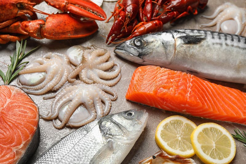 Fresh Fish and Seafood on Table Stock Photo - Image of cuisine, healthy ...