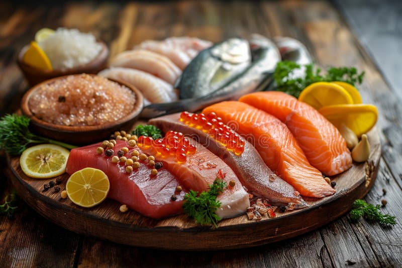 Fresh Fish and Seafood on a Wooden Board Stock Image - Image of market ...