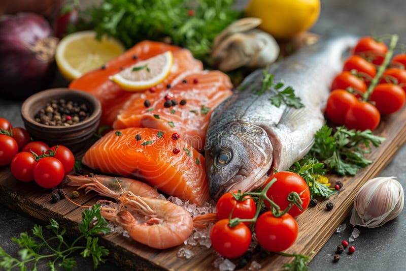 Fresh Fish and Seafood on a Wooden Board Stock Image - Image of fish ...