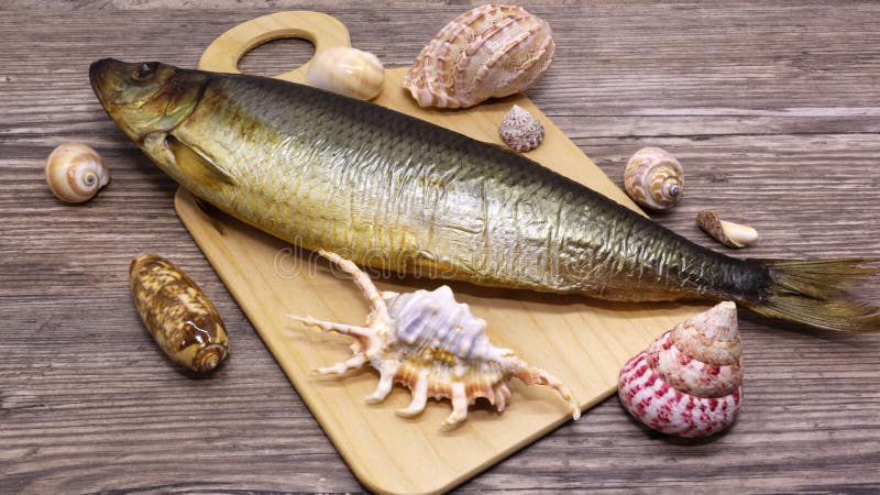 Fresh Fish and Shell on a Cutting Board Stock Image - Image of board ...