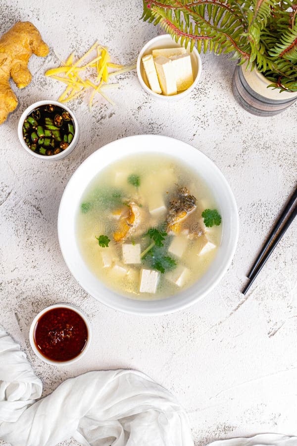 Fresh Fish Soup with Bean Curd Tofu Stock Photo - Image of fresh, chili ...