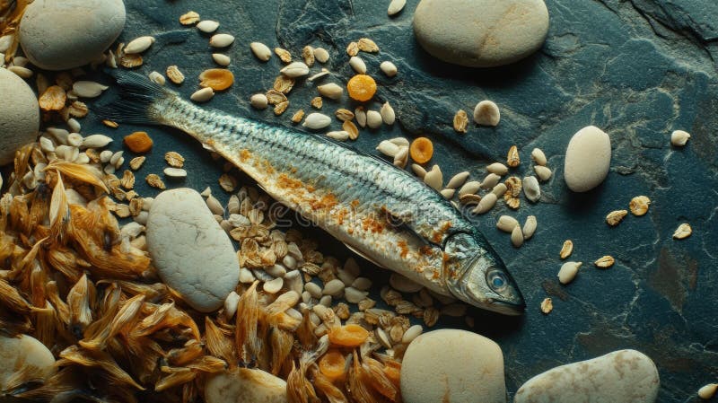 Fresh Fish Surrounded by Various Grains and Stones Stock Illustration ...