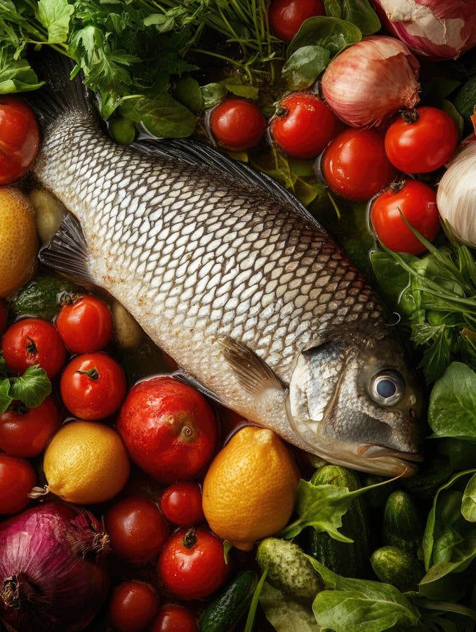 Fresh Fish with Vegetable Display - Market Scene Stock Image - Image of ...