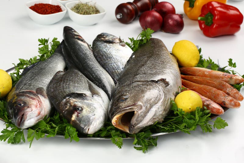 Fresh Fish and Vegetable on Plate Stock Photo - Image of grilled ...