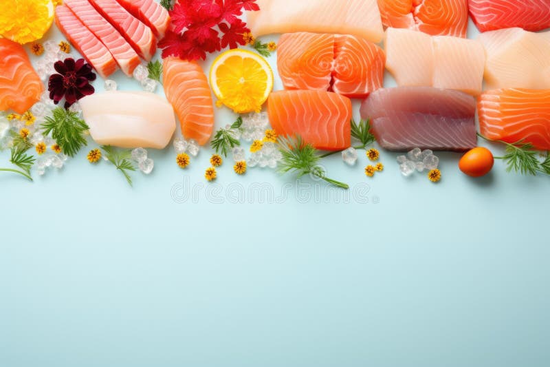 Fresh Fish and Vegetables Arranged in a Border on a Blue Background, AI ...