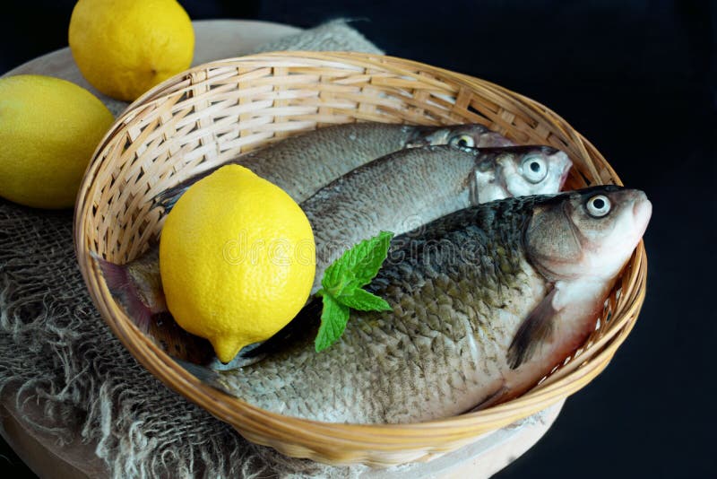 Fresh Fish in a Wicker Basket. Stock Photo - Image of healthy, food ...
