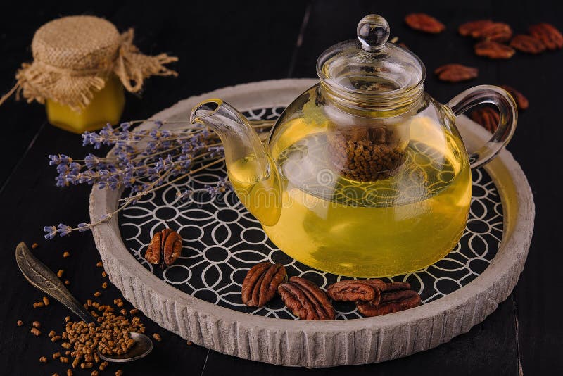 Fresh Flavored Green Tea in a Glass Teapot Stock Image - Image of water ...