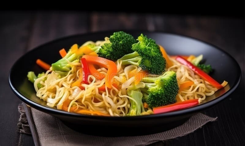 Fresh and Flavorful Vegetable Noodle Stir-fry Creating Using Generative AI Stock Illustration ...
