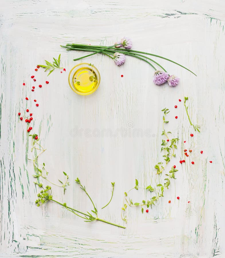 Fresh Flavoring and Oil on Light Rustic Wooden Background, Top View ...