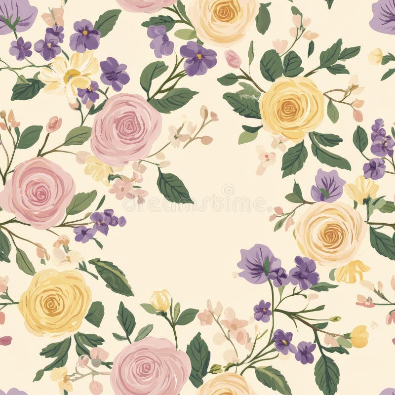A Fresh Floral Wreath Pattern with Intertwined Roses, Violets, and ...