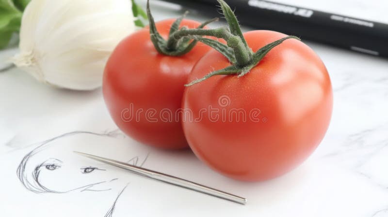 Fresh Florida Tomato Month Fresh Tomatoes with Sewing Needle and Sketch on White Background for ...