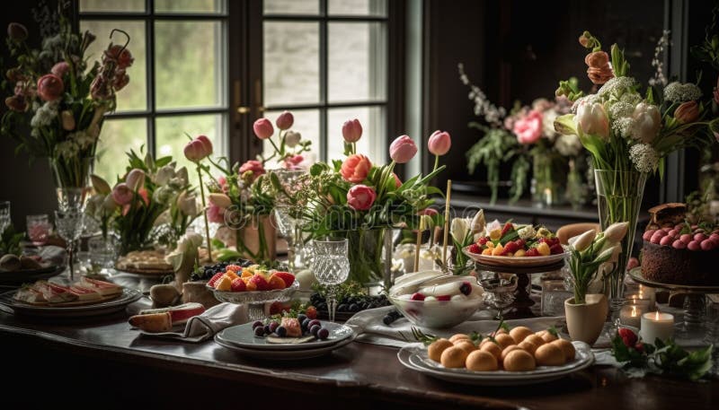 Fresh Flower Bouquet Decorates Table for Gourmet Meal Generated by AI ...
